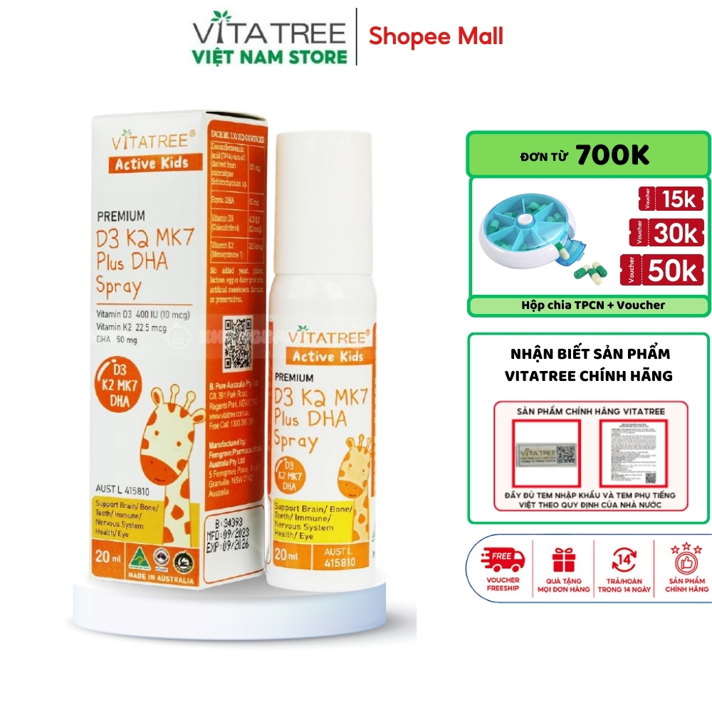 D3K2 dạng xịt Vitatree Premium D3K2MK7 Plus DHA 20ml bổ sung D3K2 và DHA giúp bé phát triển não ...
