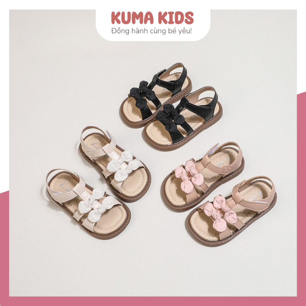 Dép quai hậu bé gái đính nơ sandal da mềm Kuma Kids, xăng đan mùa hè cho bé gái từ 2 đến 7 tuổi ...