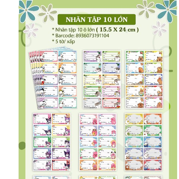 COMBO 50 nhãn vở CAPYBARA, LOOPY , KUROMI, Doraemon, Pochacco, MOLANG ...