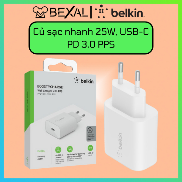 Củ sạc nhanh Belkin 25W, USB-C PD 3.0 PPS chân tròn WCA004KRWH chính hãng Bexal BK09 | Shopee ...