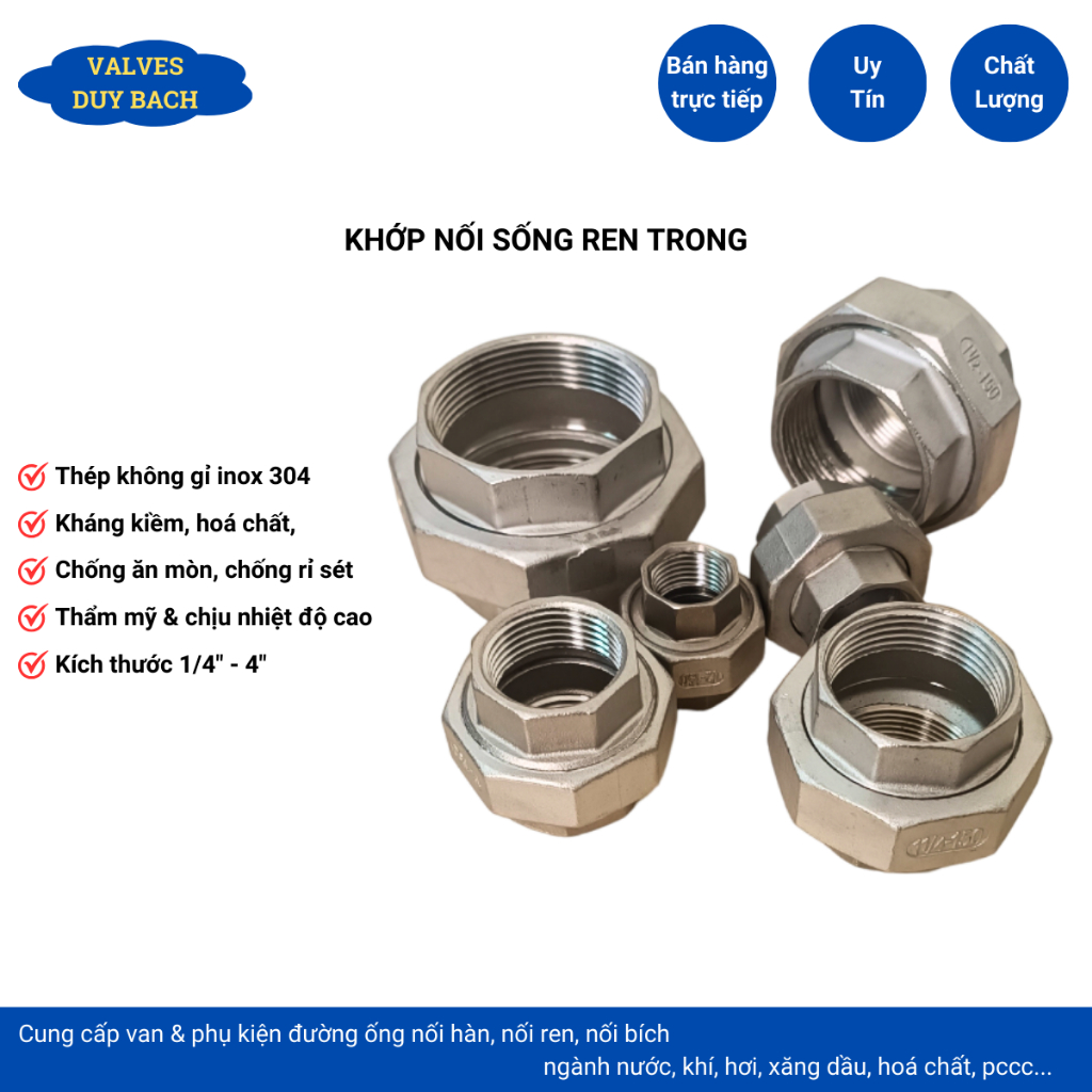 Rắc co inox 304 phi 42 49 60 khớp nối sống ren trong tháo lắp nhanh van ...