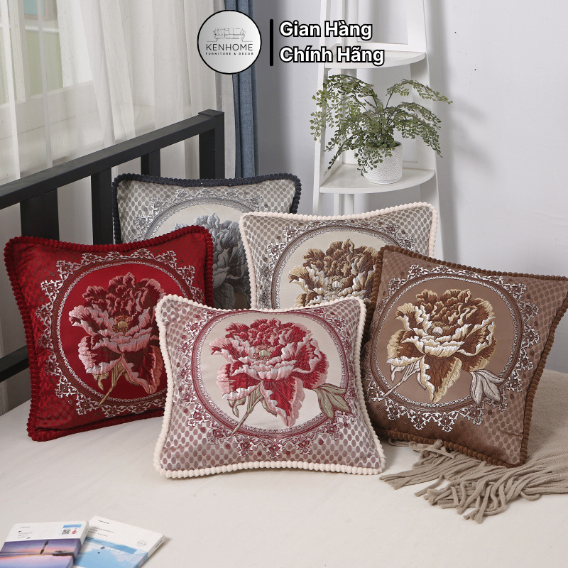 Gối tựa lưng sofa họa tiết hoa hồng Bắc Âu, gối tựa sofa Bắc Âu gấm ...