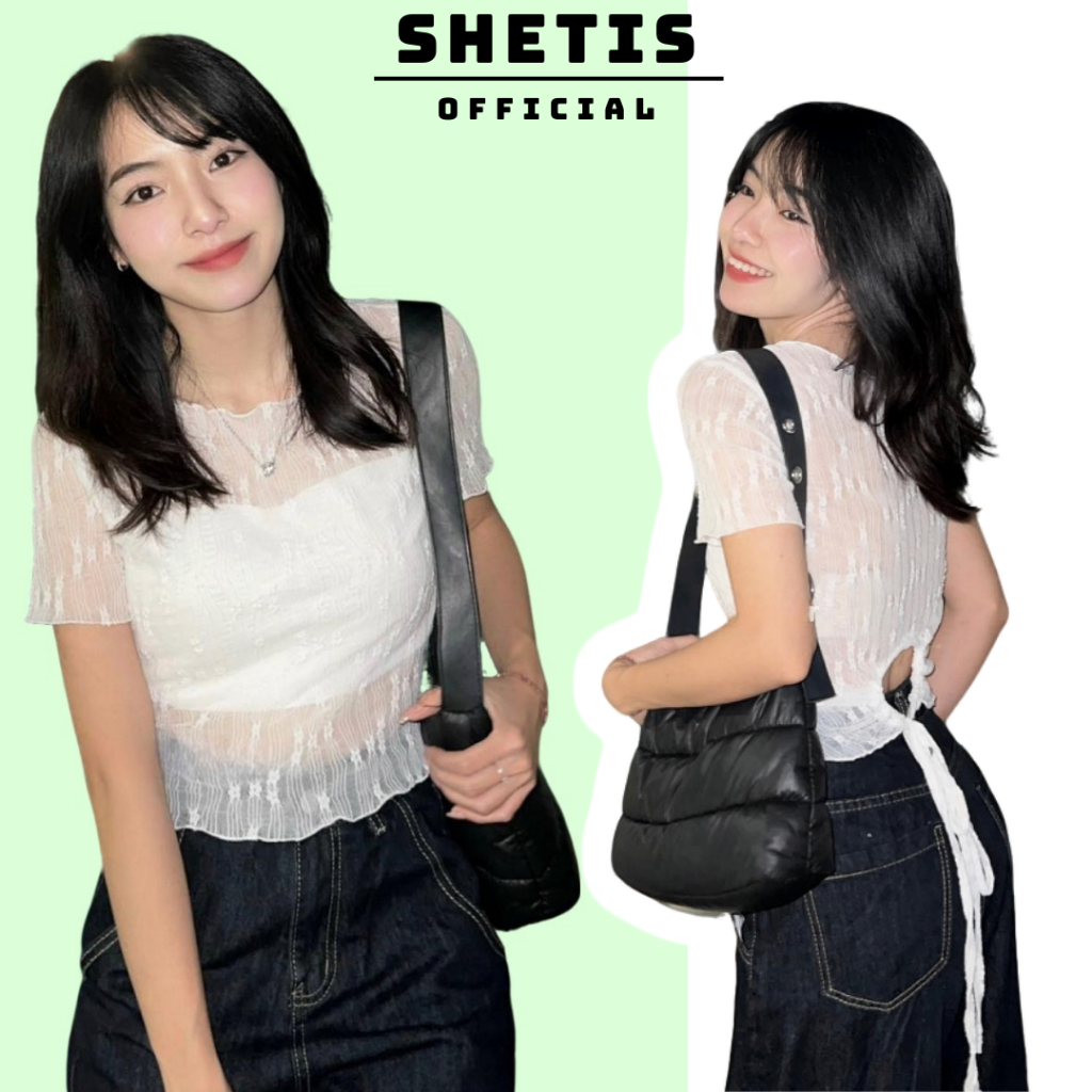 SHETIS_Áo Kiểu Nữ Croptop Hoa Nhí Nổi, Áo Lưới Xuyên Thấu Nữ Tay Ngắn ...