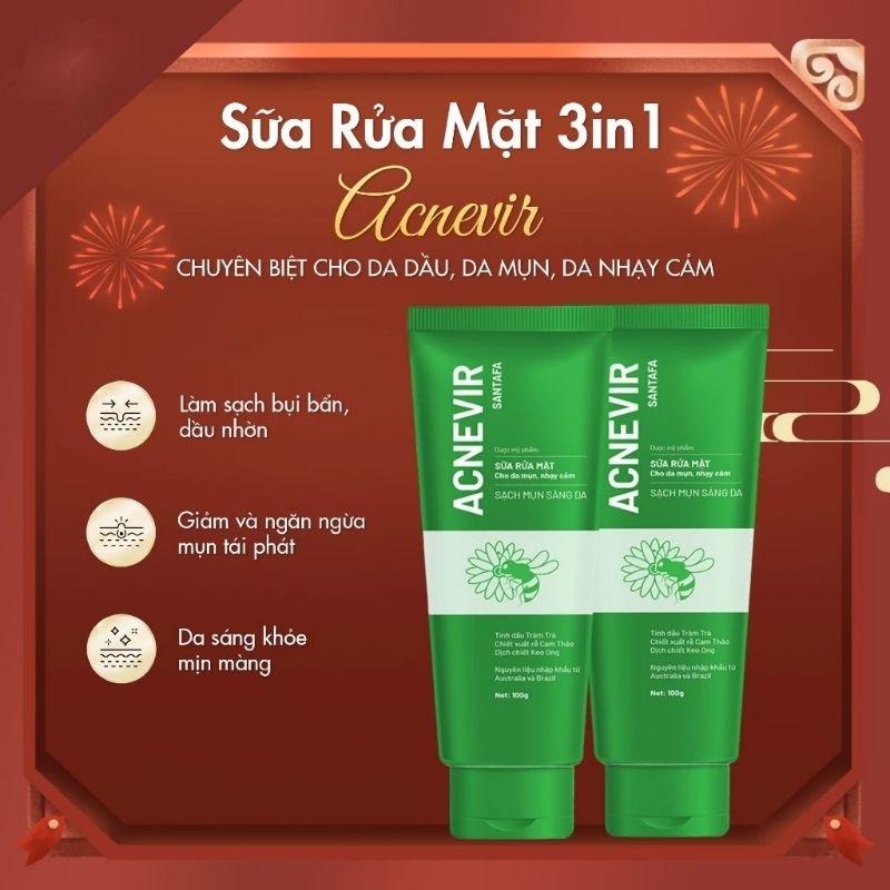 Sữa rửa mặt Acnevir Santafa gel (tuýp 100g) dành cho da mụn, da dầu ...