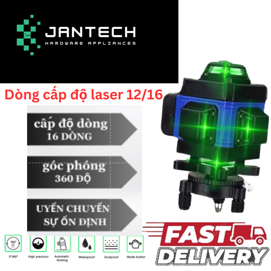 JANTECH 12/16 Line Laser Level Green Light Self-Leveling 360° Rotary ...