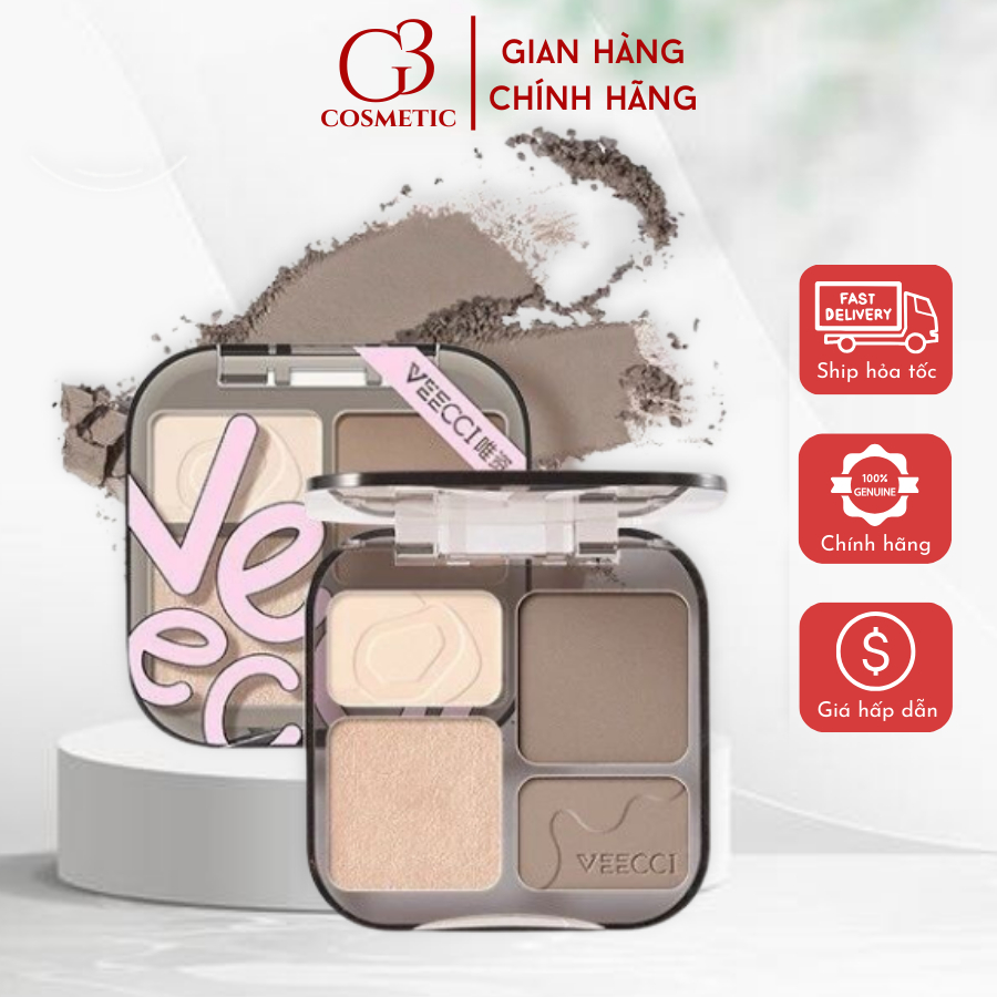 Bảng phấn tạo khối VEECCI bắt sáng highlight 4 màu tự nhiên lâu trôi chống nước có tích hợp má ...