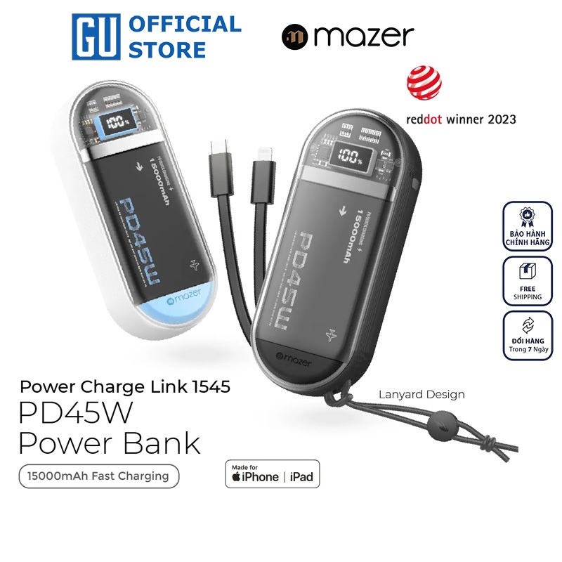 Pin Dự Phòng MAZER PowerCharge Link 1545 15000mAh PD45W Tích Hợp Dây Sạc iP và USB-C Vỏ Trong ...