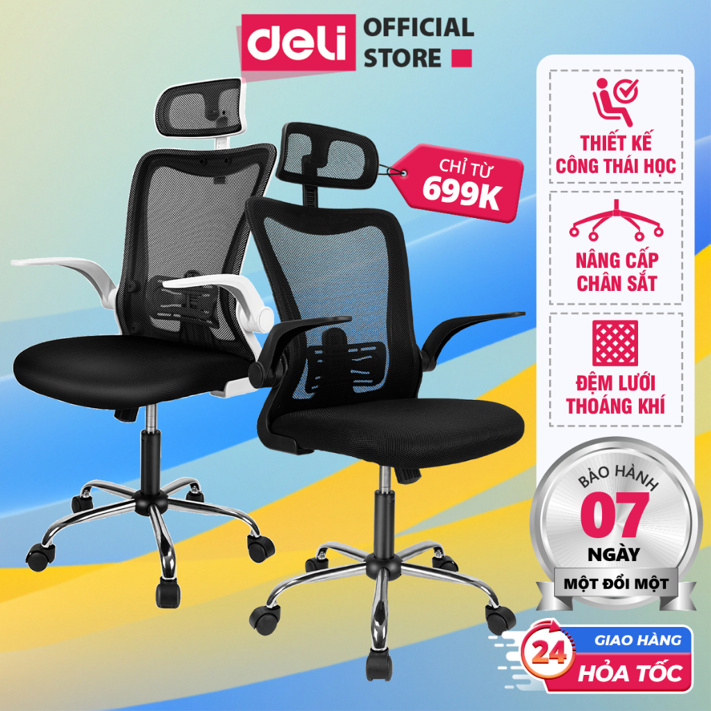 Ghế Xoay Văn Phòng DELI - Lưng Kép Tựa Đầu Điều Chỉnh Độ Cao Chống Mỏi Tay Gập Thông Minh Ghế ...