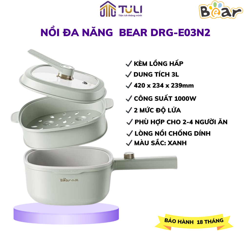 Nồi lẩu điện đa năng dung tích 3L Bear DRG-E30N2, Kèm Lồng Hấp, 1000W ...