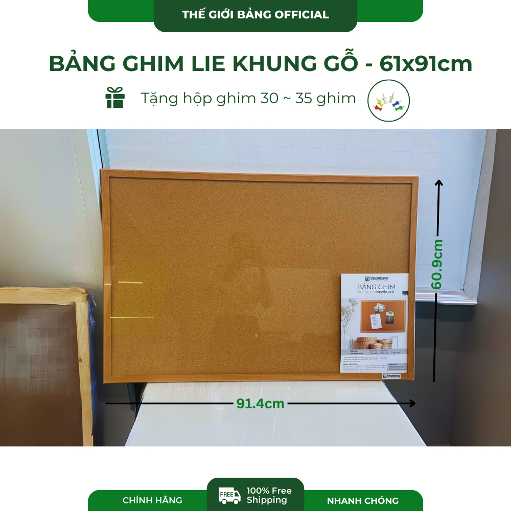 [HN] Bảng Ghim Lie Khung Gỗ - 60.9x91.4cm - Tặng Hộp Đinh Ghim - Bảng ...