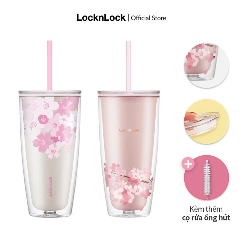 Ly nhựa 2 lớp Locknlock HAP509WHT Cherry Blossom 750ml(kèm ống hút và ...