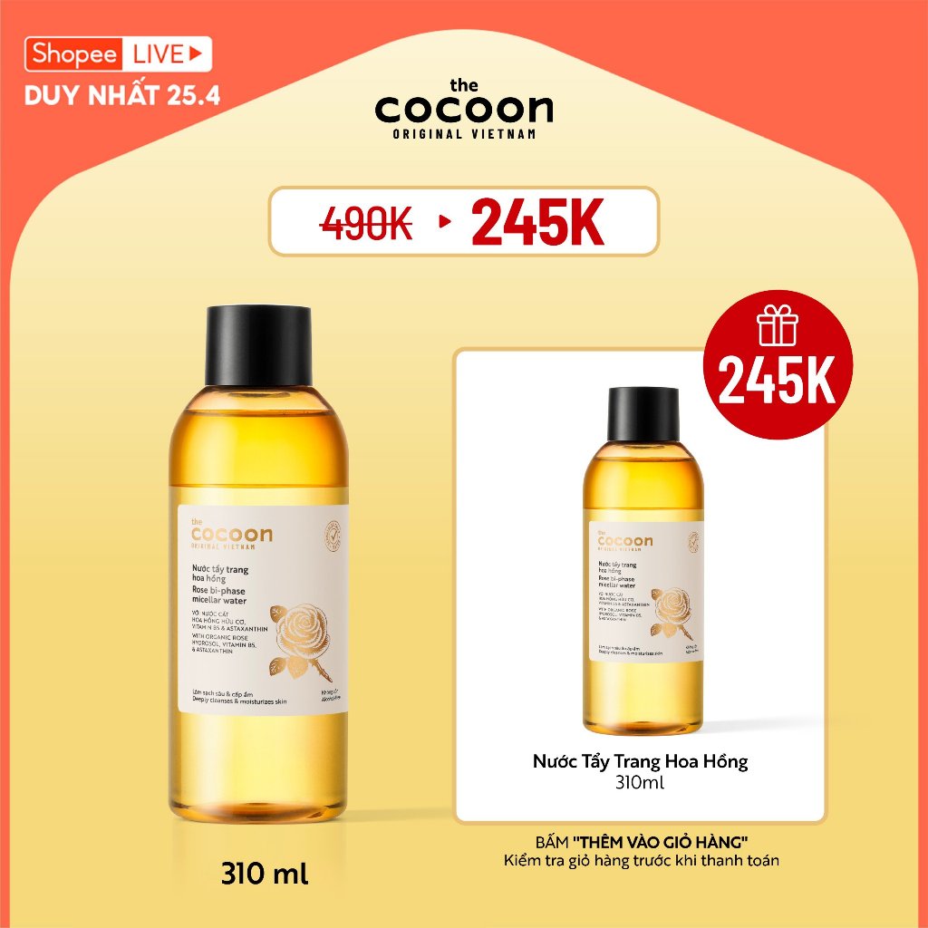 [CHỈ TRONG LIVESTREAM: MUA 1 TẶNG 1] Nước tẩy trang hoa hồng Cocoon ...