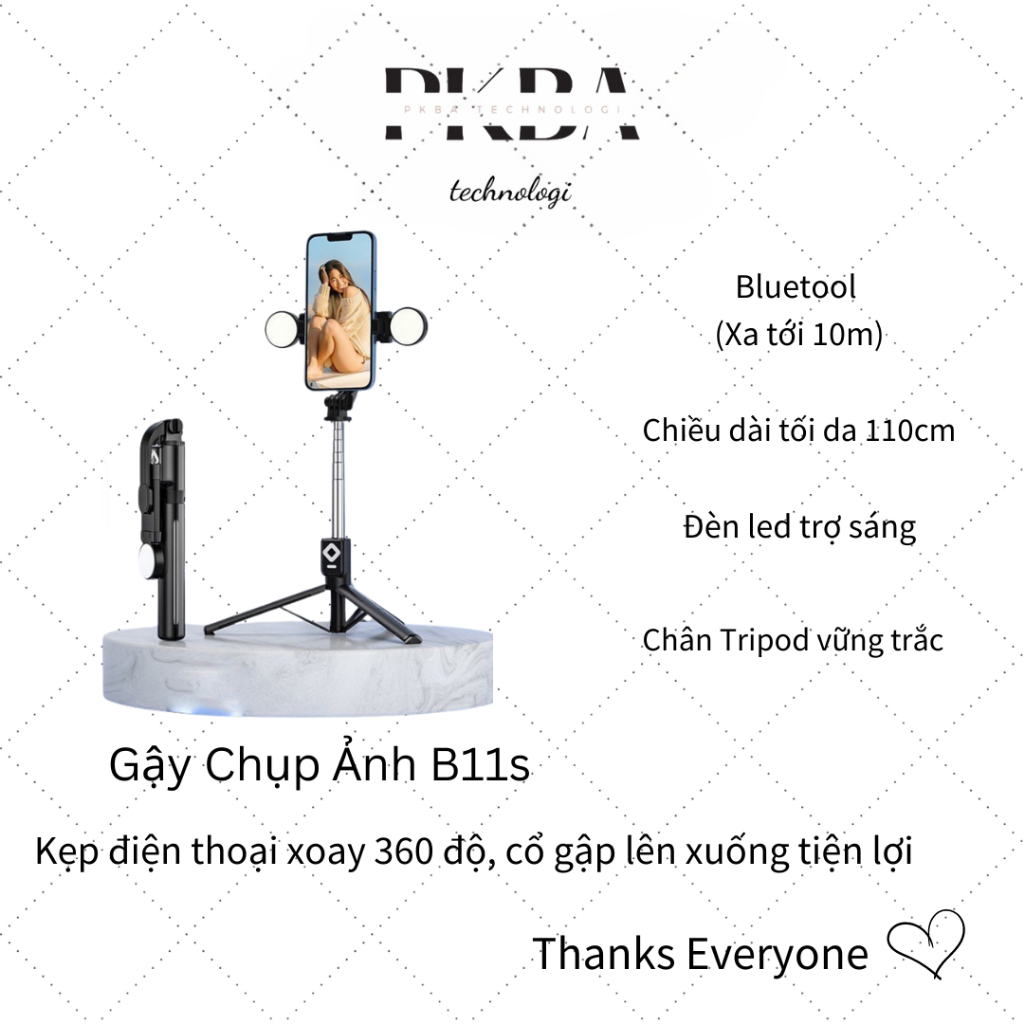 Gậy Chụp Ảnh 3 Chân B11s, PKBA Có Đèn Led Trợ Sáng, Xoay 360 Độ, Có Điều Khiển Bluetooth Chụp ...