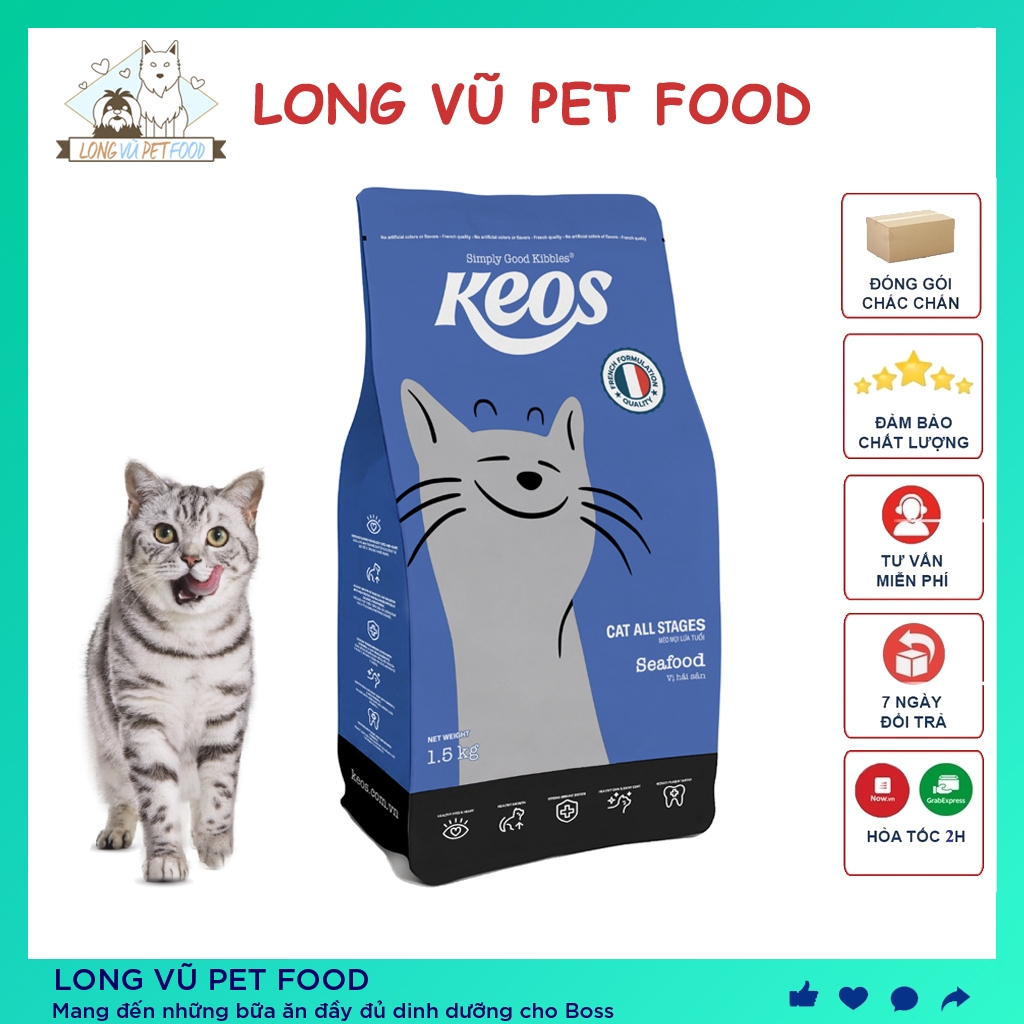 Thức ăn cho mèo mọi lứa tuổi Keos túi 1.5kg vị Hải sản, hạt cho mèo Keos - Long Vũ Pet Food ...