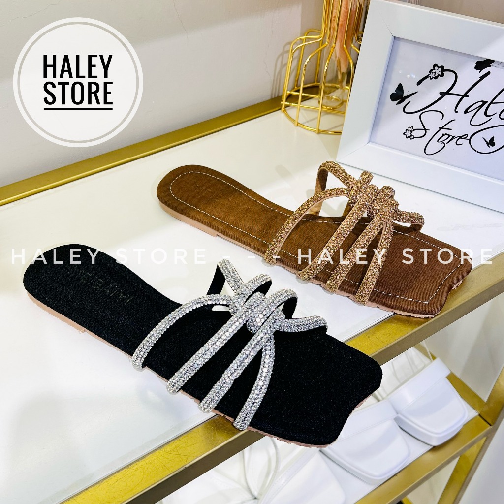 Dép táo xoắn HALEY STORE đế bệt mũi táo đính đá xoàn quai chéo tiểu thư ...