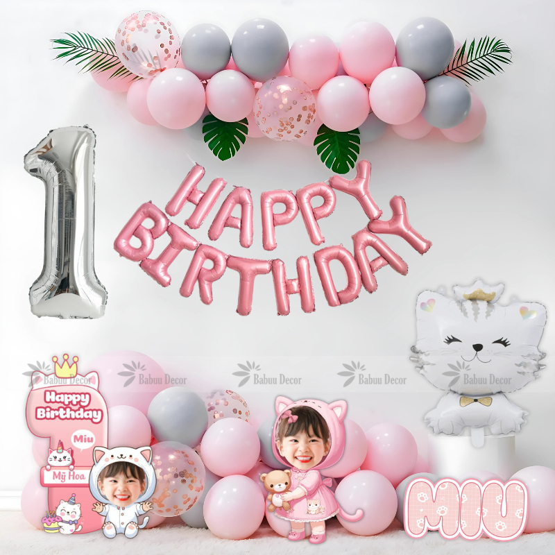 Set bóng trang trí sinh nhật màu hồng chủ đề mèo cho bé gái KIT12 Babuu ...