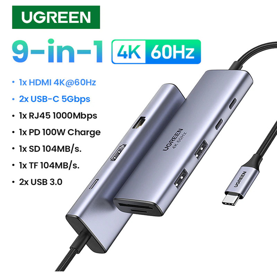 Hub USB-C 9 in 1 Ugreen 15375 CM498 HDMI 4K 60Hz, RJ45 1Gbps, USB 3.0, SD TF with PD 100W hàng ...