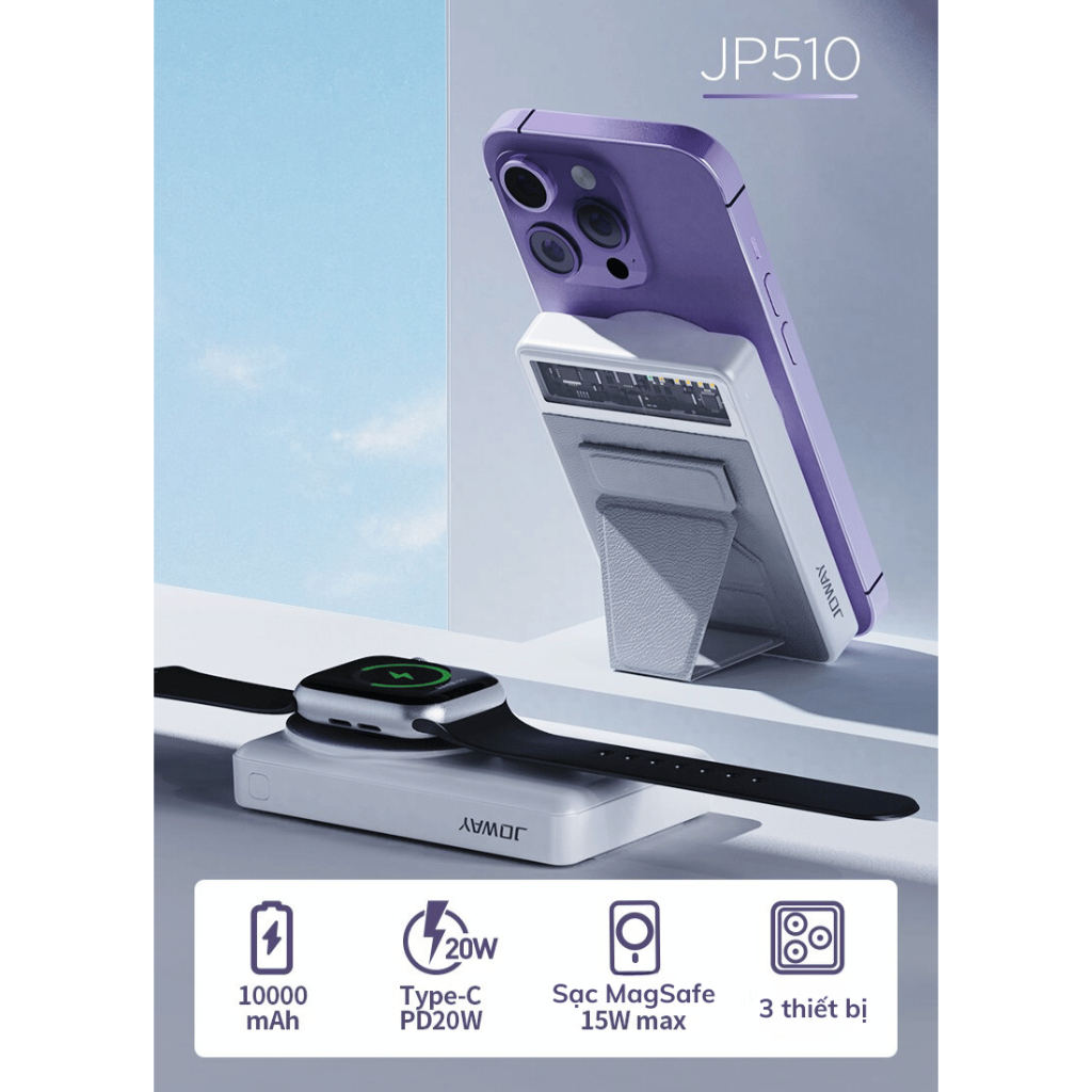 Pin Sạc Dự Phòng Không Dây từ tính JOWAY 3in1 JP510 Cho điện thoại, tai nghe, đồng hồ Dung Lượng ...