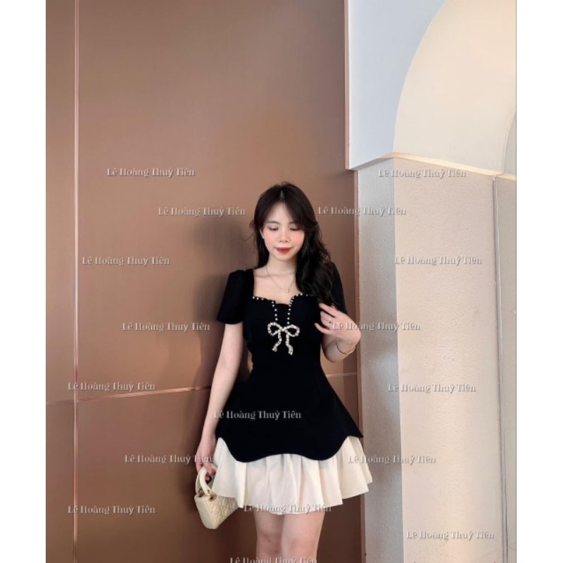 Váy sơ mi cổ vuông viền đá phối chân váy dập ly(có đệm ngực), Đầm thiết ...