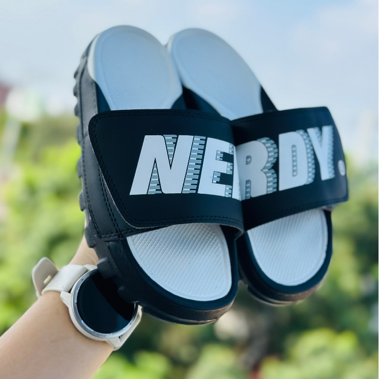 Dép nerdy quai ngang nam nữ đế Left Right cao 4cm, quai chữ NERRDY thêu ...
