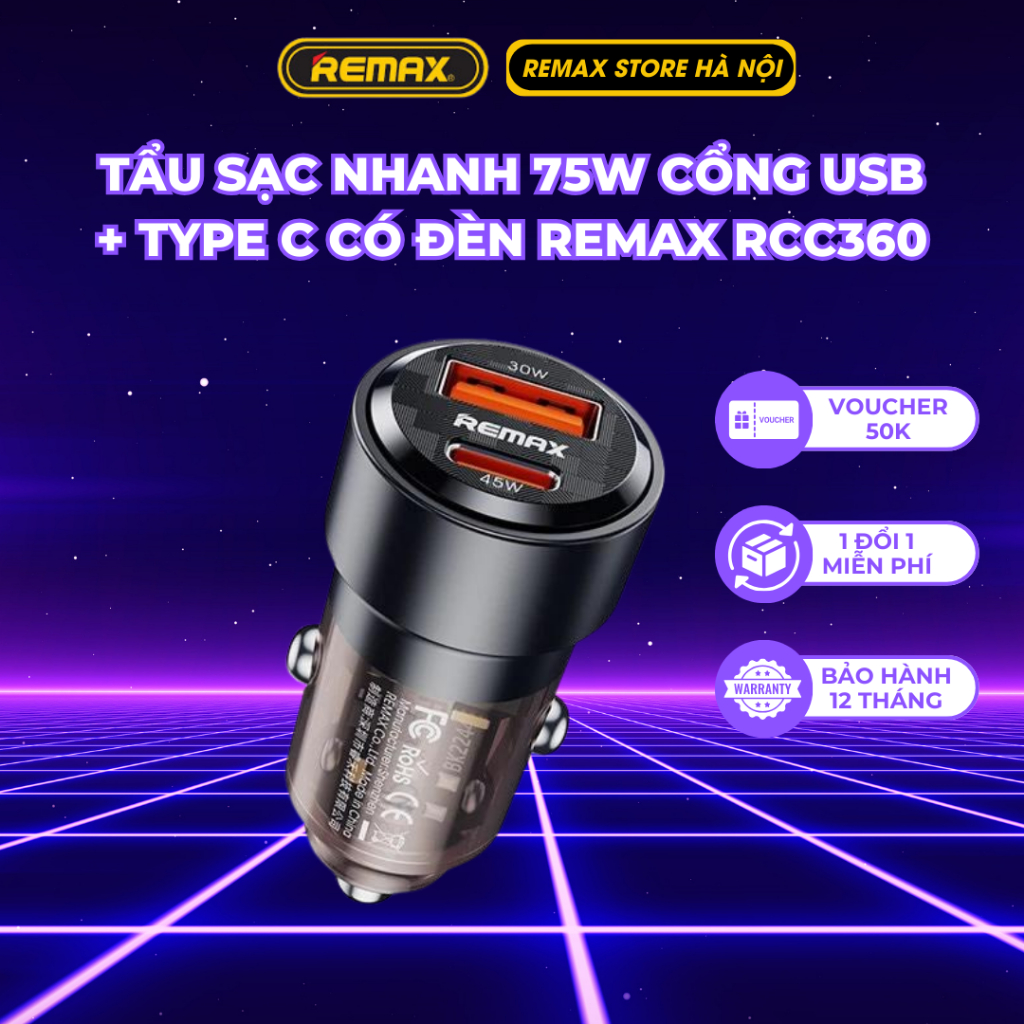 Tẩu sạc nhanh cho ô tô REMAX RCC360 75W 2 cổng USB/Type C có đèn báo, thiết kế nhỏ gọn sạc nhanh ...