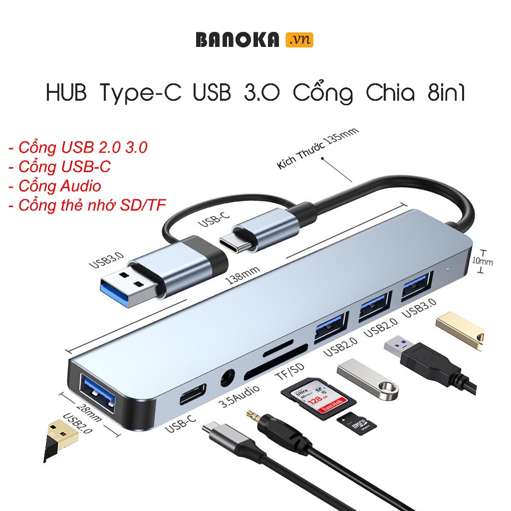 Hub chia cổng, cổng chuyển đa năng USB TypeC sang 8 cổng USB/AUDIO/TYPEC/SD/TF vô cùng tiện lợi ...