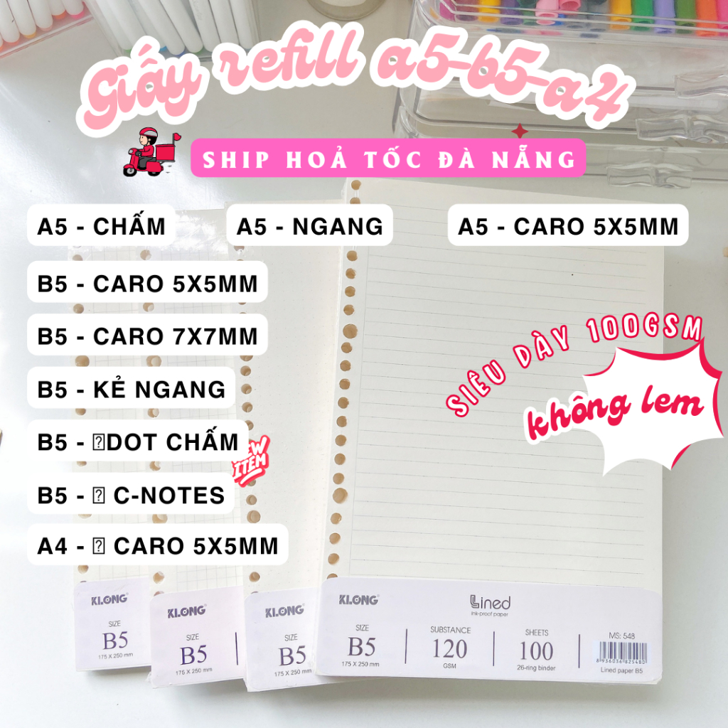200 TRANG (100 TỜ) GIẤY REFILL SIZE A5 B5 A4 CARO CHẤM DOT GRID KẺ NGANG KLONG CHO SỔ CÒNG ...