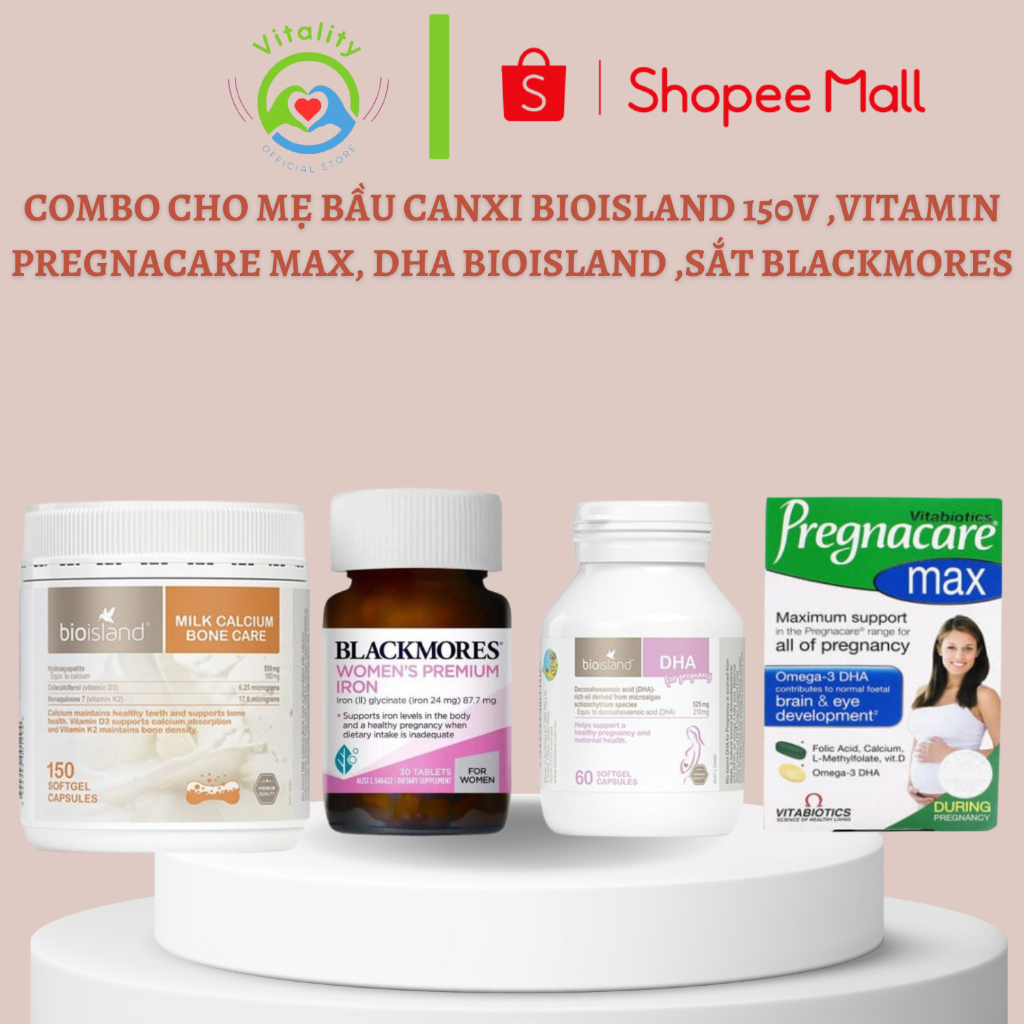 Combo cho mẹ bầu Canxi Bioisland 150v người trưởng thành vitamin bầu Pregnacare Max, DHA ...