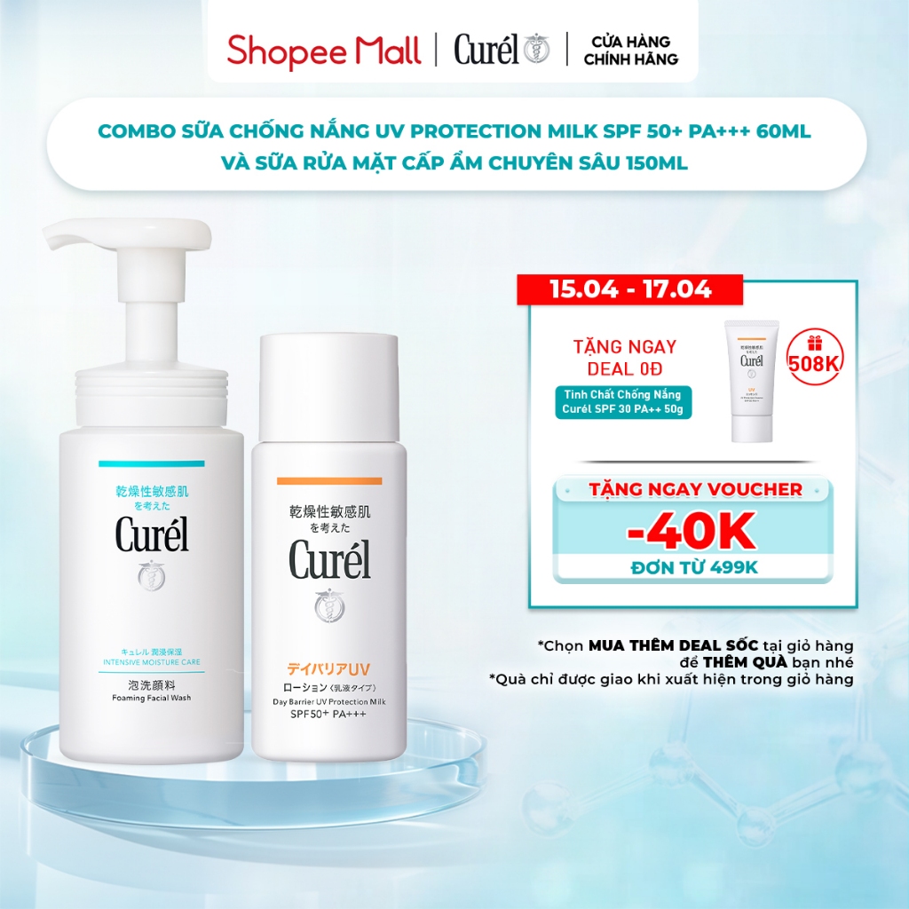 Combo Curél Sữa chống nắng UV Protection Milk SPF 50+ PA+++ 60ml và Sữa rửa mặt dạng bọt cấp ẩm ...