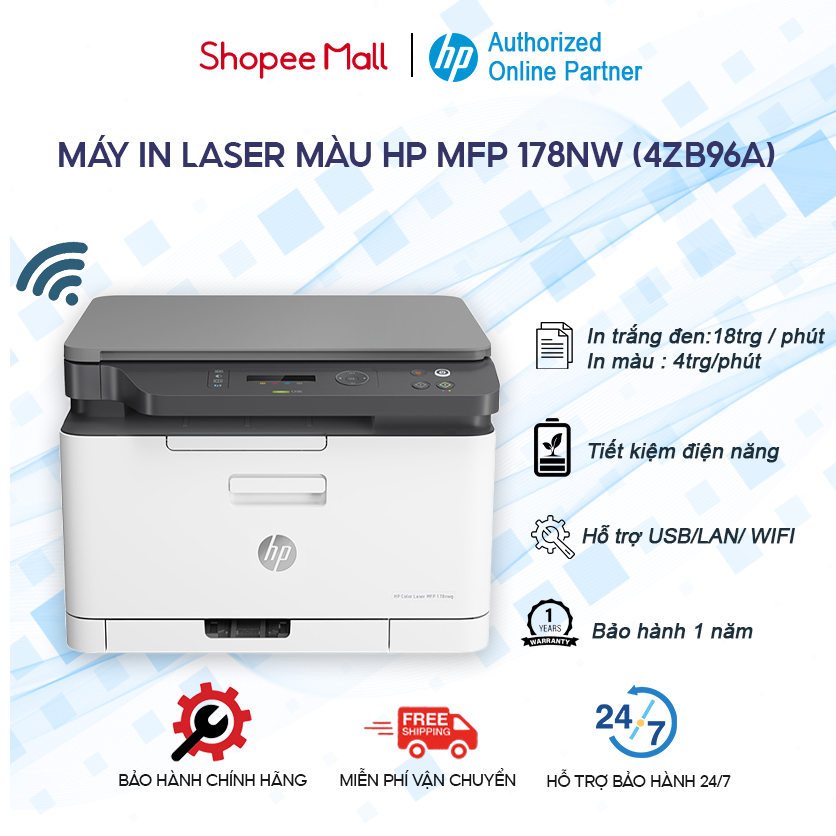 Máy in laser màu HP MFP 178NW (4ZB96A) (A4/A5/ Copy/ Scan/ USB/ LAN/ WIFI) | Shopee Việt Nam