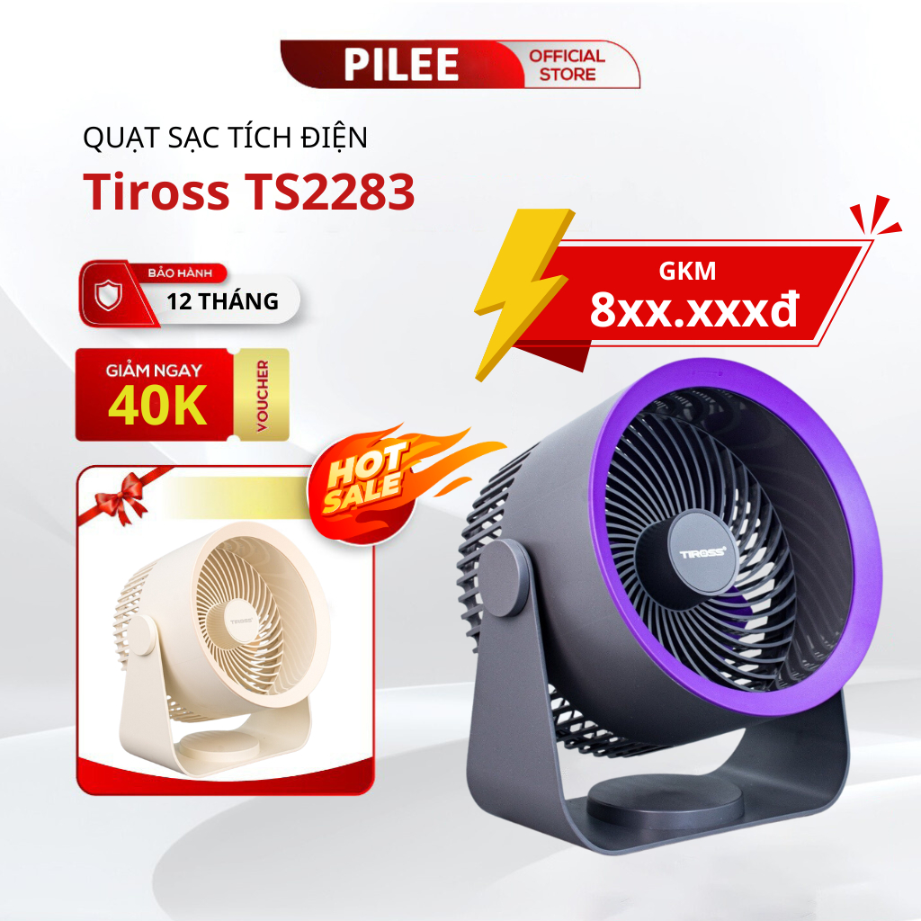 Quạt sạc tích điện Tiross TS2283 Thiết kế kiểu dáng tinh tế, tiết kiệm ...