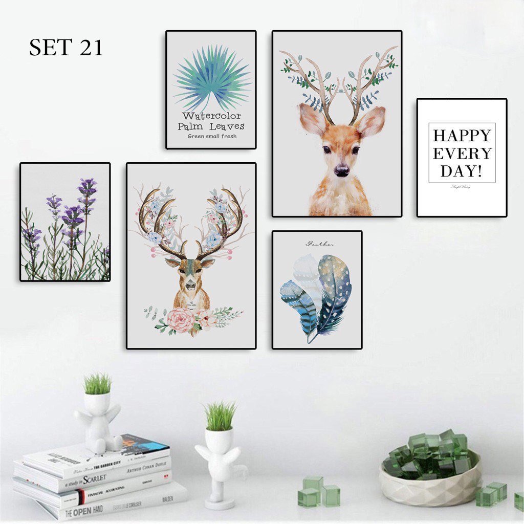 Tranh dán tường có keo dán sẵn gồm 6 set tranh decor trang trí phòng ...