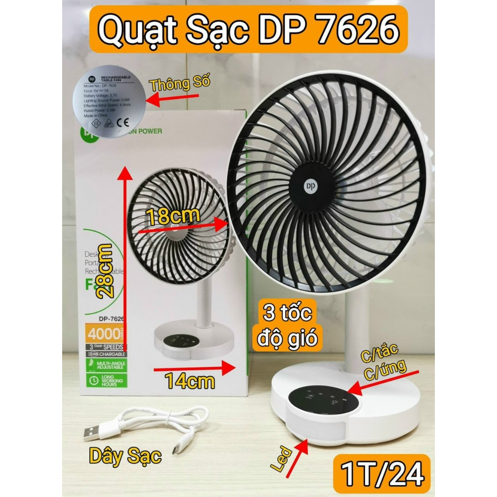 Quạt Để Bàn, Quạt Pin Sạc , Quạt Tích điện, Quạt DP 7626 Có Đèn Led cắm ...
