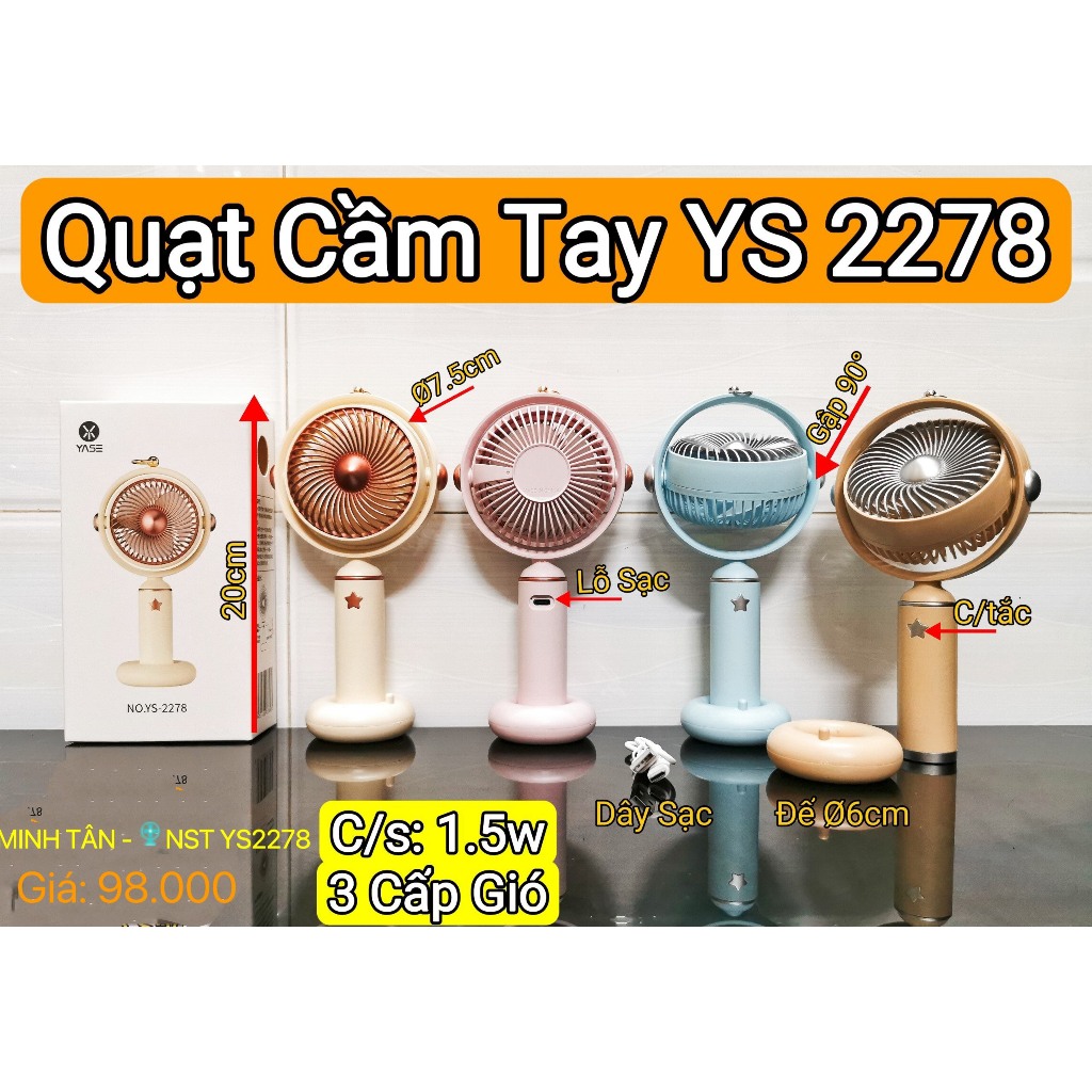 QUẠT SẠC CẦM TAY CÓ DÂY SẠC, GHẾ KÊ CÔNG SUẤT 1.5W, 3 CẤP ĐỘ GIÓ, NHỎ GỌN TIỆN LỢI Phi 7.5x20cm ...