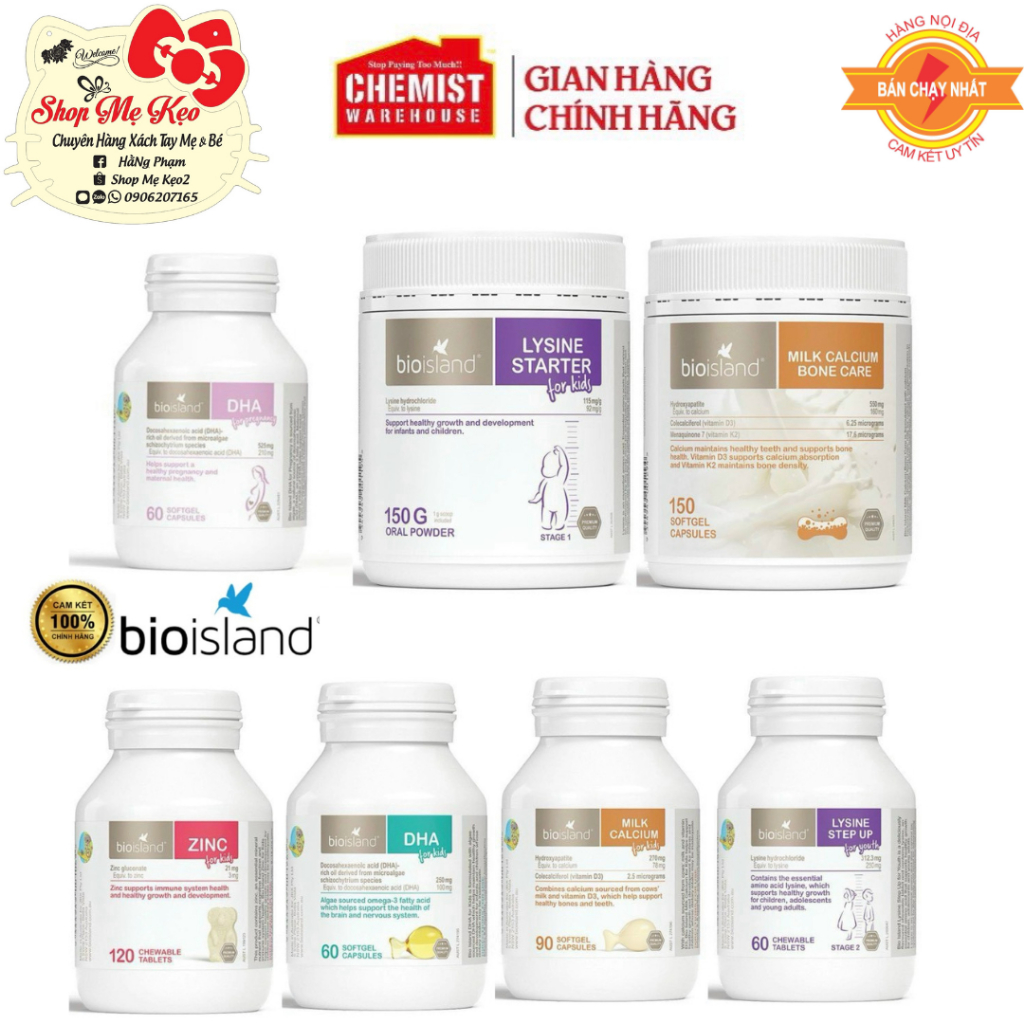 [Mẫu Mới]Combo Bộ sản phẩm Viên Bổ Sung Canxi, DHA, Kẽm Zinc, Lysine Bioisland Úc Bổ sung đầy đủ ...