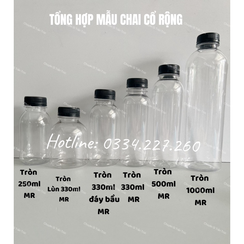 Combo 10 chai nhựa cổ rộng fi 38, chai nhựa miệng rộng 330ml, ,chai tròn cổ rộng 250ml, chai ...