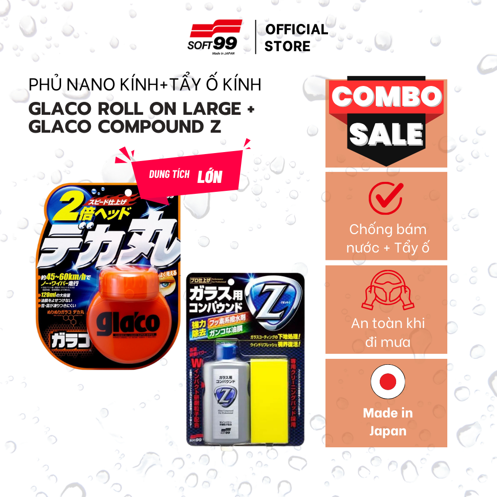 [COMBO 2] Phủ nano kính ô tô Soft99 Glaco Roll On G-97 G-38 10363 & tẩy ố kính Glaco Compound Z ...