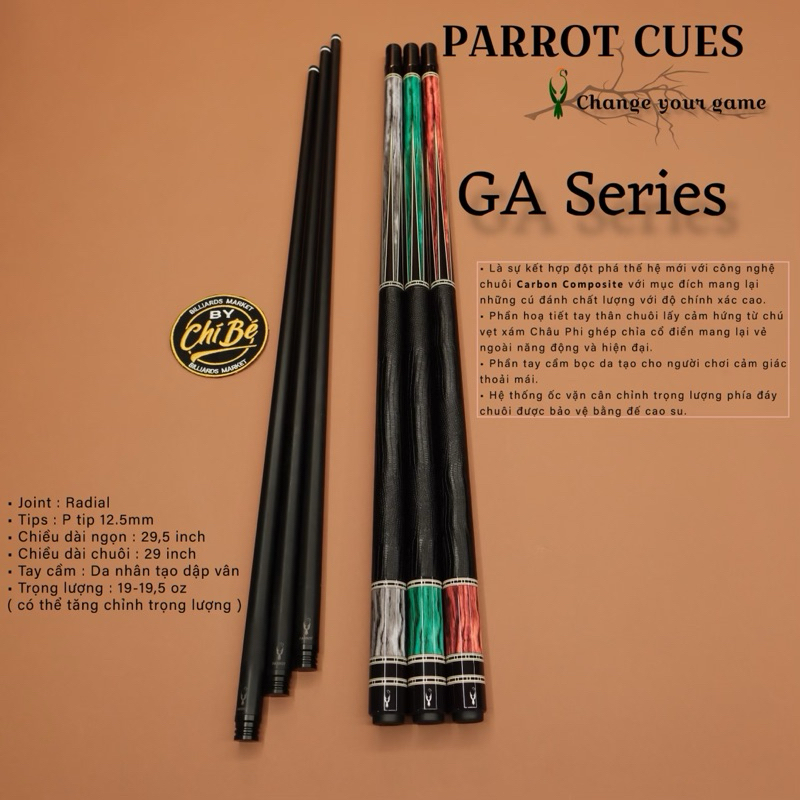 PARROT CUES GA SERIES ,GẬY BI-A (BIDA) LỖ NGỌN CARBON CHO HSSV ,GẬY CHO ...