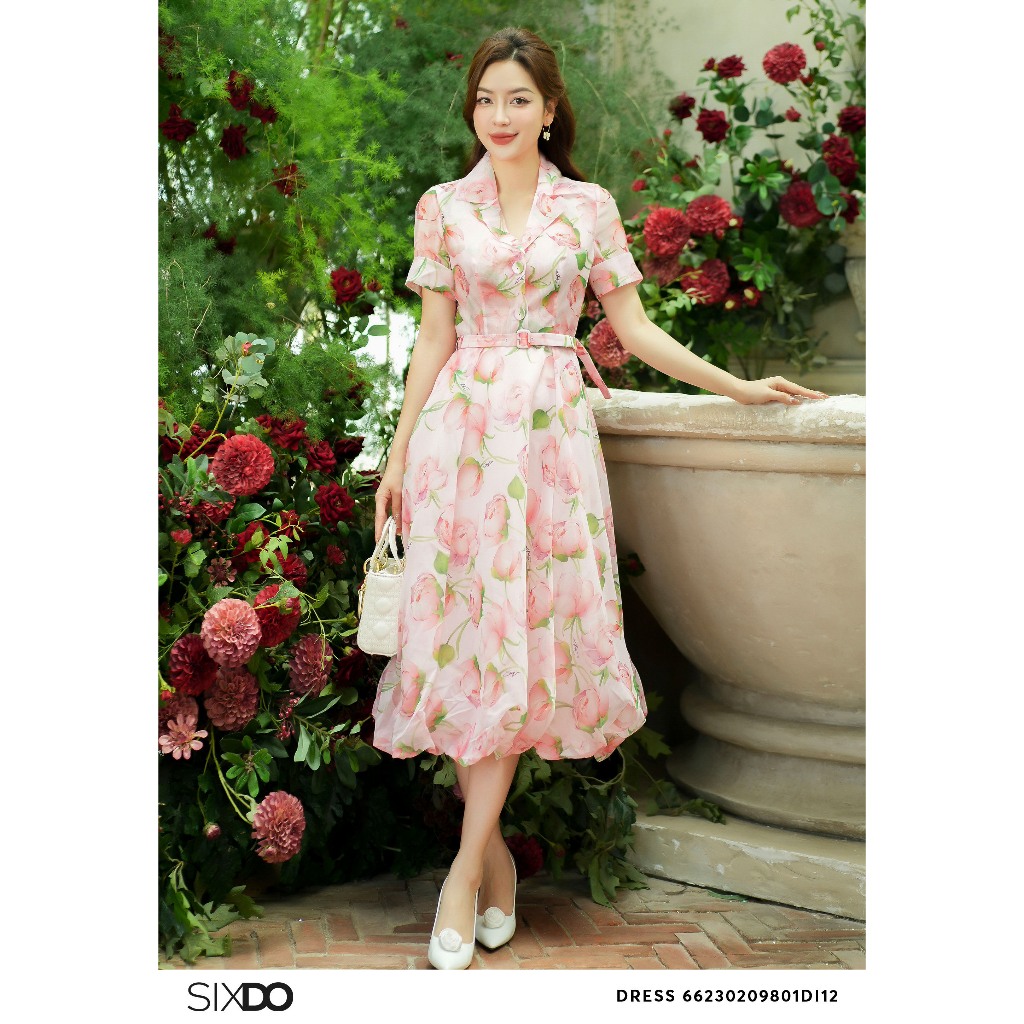 Đầm tơ cổ vest ngắn tay SIXDO (Pink Floral Revere Collar Midi Dress ...