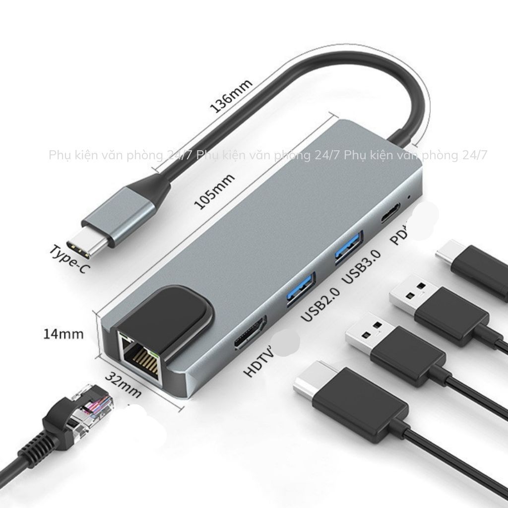 Bộ chuyển đổi Type-c to HDMI ,USB, LANRJ45 và VGA, hub typc-c 5trong 1, vỏ nhôm cao cấp, phụ ...