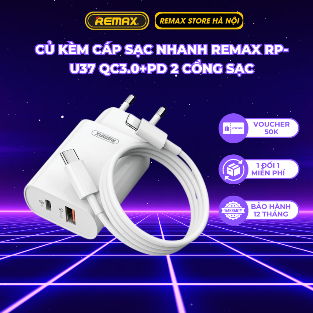 Củ kèm cáp sạc nhanh chính hãng Remax RP-U37 QC3.0+PD 2 cổng sạc: USB ...