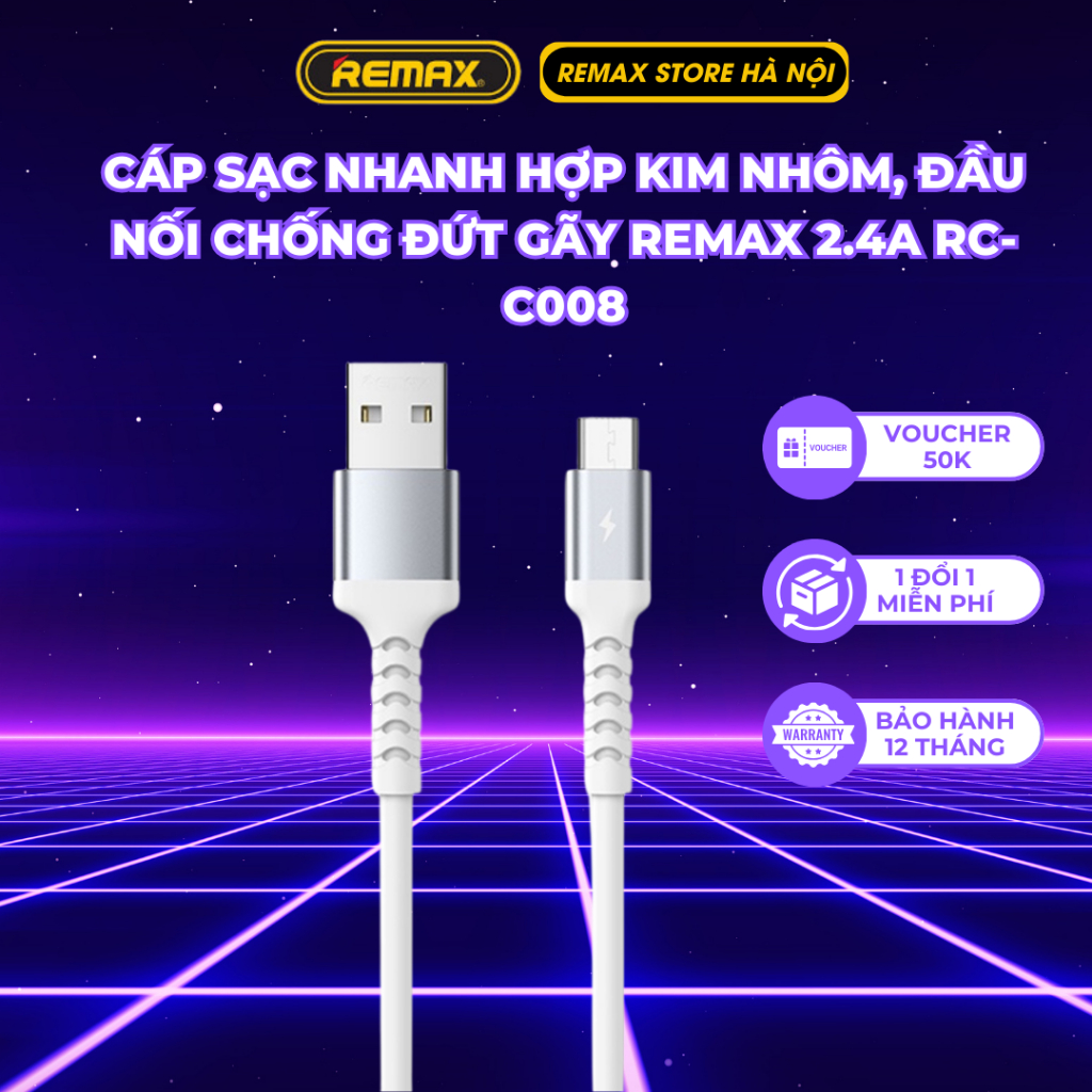 Cáp sạc nhanh chính hãng REMAX RC-C008 từ hợp kim nhôm, đầu nối chống ...