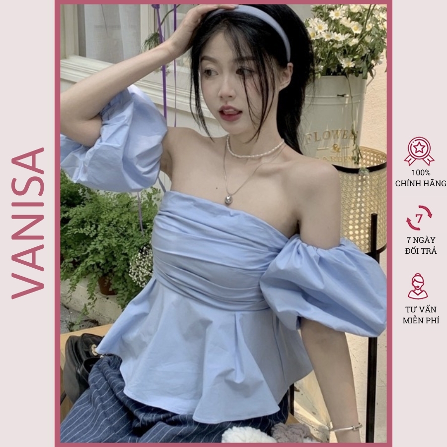 Áo croptop trễ vai bẹt tay phồng kiểu nhún gấp nếp trắng đen giá rẻ cao cấp VANISA CT028 ...