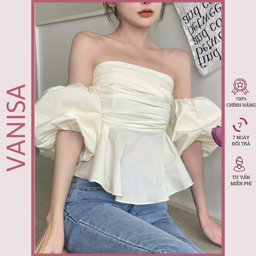 Áo trễ vai tay phồng kiểu nhún bẹt gấp nếp trắng đen xanh VANISA CT028 | Shopee Việt Nam