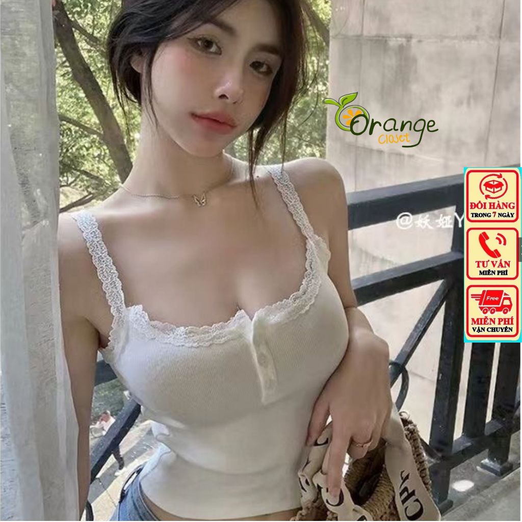 Áo 2 Dây Len Thun, Áo Len CÓ MÚT ĐỆM Viền Ren 6 Màu Cài Khuy Ngực Ôm Body Dáng Croptop Quyến Rũ ...