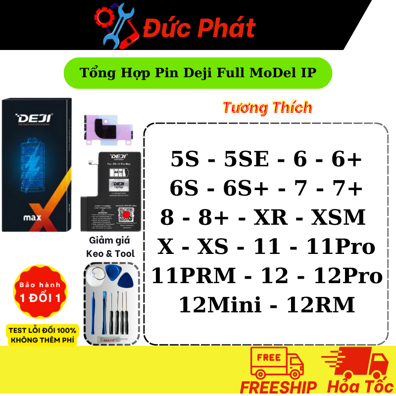 Pin Deji Dung Lượng Cao dành cho ip 5 5s 5c 5se 6 6s 7 8 8 plus X XR XS ...
