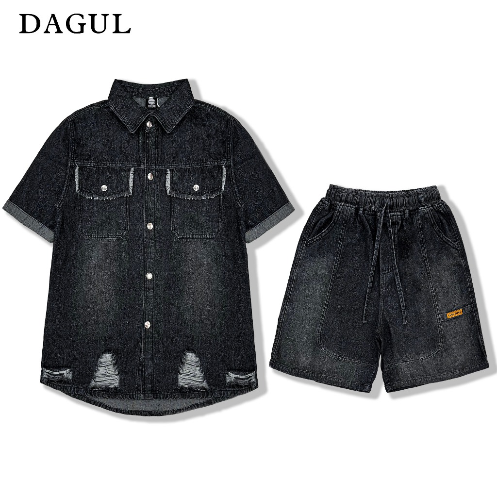 Set denim was xước DAGUL cúc bấm mạ inox mặt sau áo thêu chữ DAGUL quần ...