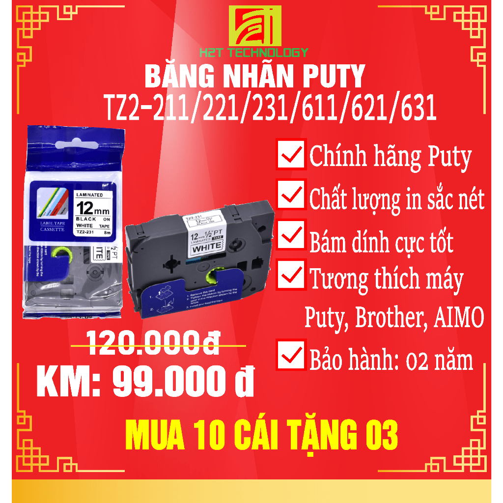 Băng nhãn Puty TZ2-231 khổ 12mm* 8m, chữ đen nền trắng, chất liệu ABS tương thích các loại máy ...