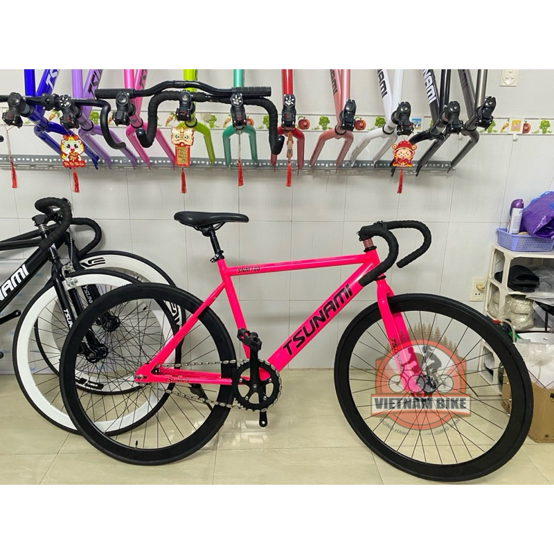 Xe đạp thể thao fixed gear tsunami & single speed hồng neon bánh đen ...