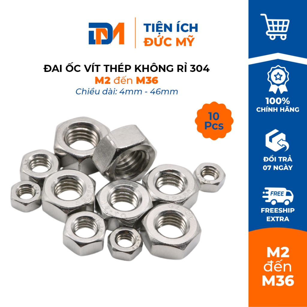 Đai Ốc Vít Thép Không Rỉ 304 M2,M2.5,M3,M4,M5,M6,M8,M10,M12,M14,M16,M18,M20,M22,M24,M27,M30,M36 ...